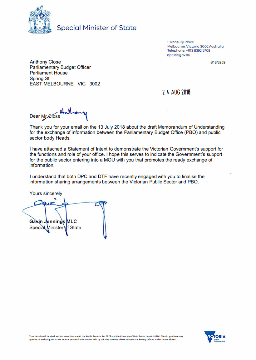 Letter signed by Victorian Special Minister of State on 24 August 2018 ...